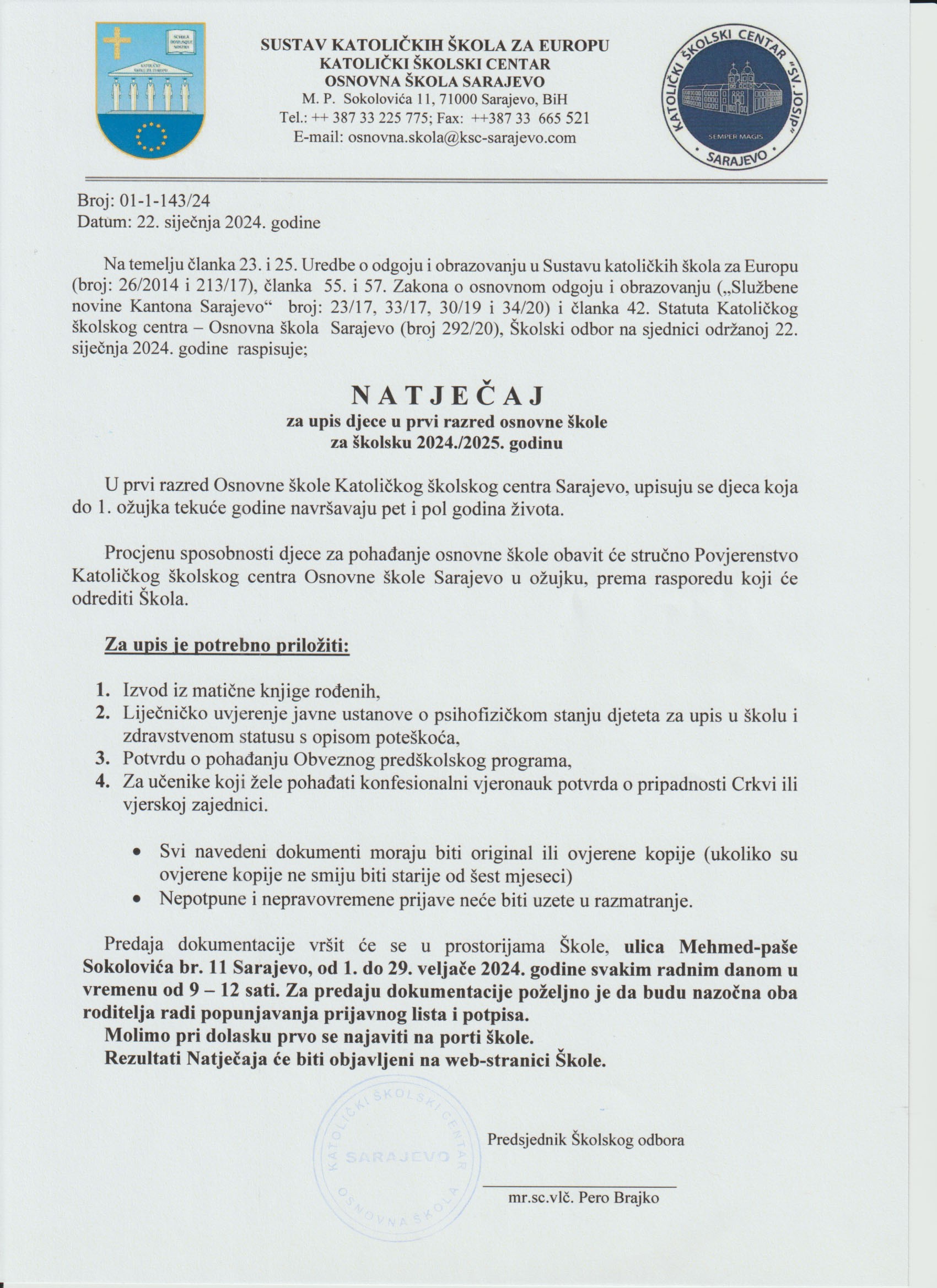 Natječaj za upis djece u I. razred osnovne škole 2024./2025. - Katolički školski centar "Sv ...